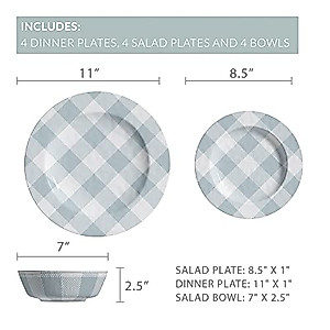 Barnyard Designs 12-piece Melamine Dinnerware Set, Durable Chip-Resistant Dishware for Indoor/Outdoor Use, Service for 4, Light Blue Buffalo Plaid, (Dinner Plate: 11”, Salad Plate: 8.5”, Bowl: 7”)