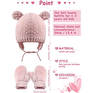 SATINIOR 2 Sets Baby Winter Beanie Hat Gloves Cute Bear Earflap Caps (White, Pink)