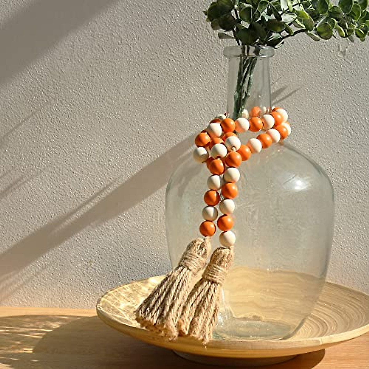 Meplait Wood Bead Garland,39in Farmhouse Beads with Tassels Boho Beads for Tiered Tray Decorative Beads Home Decor（Orange & Natural）