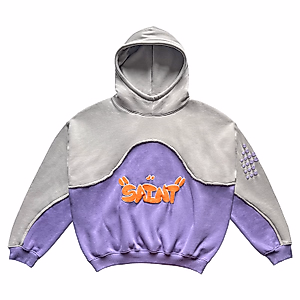 Arnodefrance Men Vintage Graphic Hoodie Purple Grey Patchwork Cotton Hoodies Pullover Sweatshirt