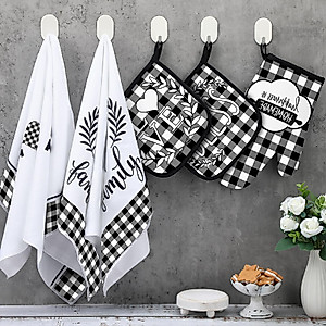 5 Pieces Buffalo Plaid Kitchen Towels Oven Mitts and Pot Holder Set Black and White Kitchen Towels Oven Gloves, Hot Pads Pot Holders for Farm House Accessories Decor(Heart)