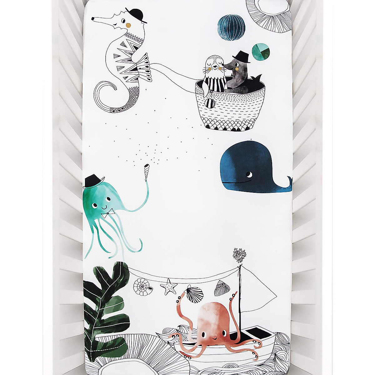 Rookie Humans 100% Organic Cotton Sateen Fitted Crib Sheet: Underwater Love, Modern Nursery, Use as a Photo Background for Your Baby Pictures. Standard Crib Size (52 x 28 inches)