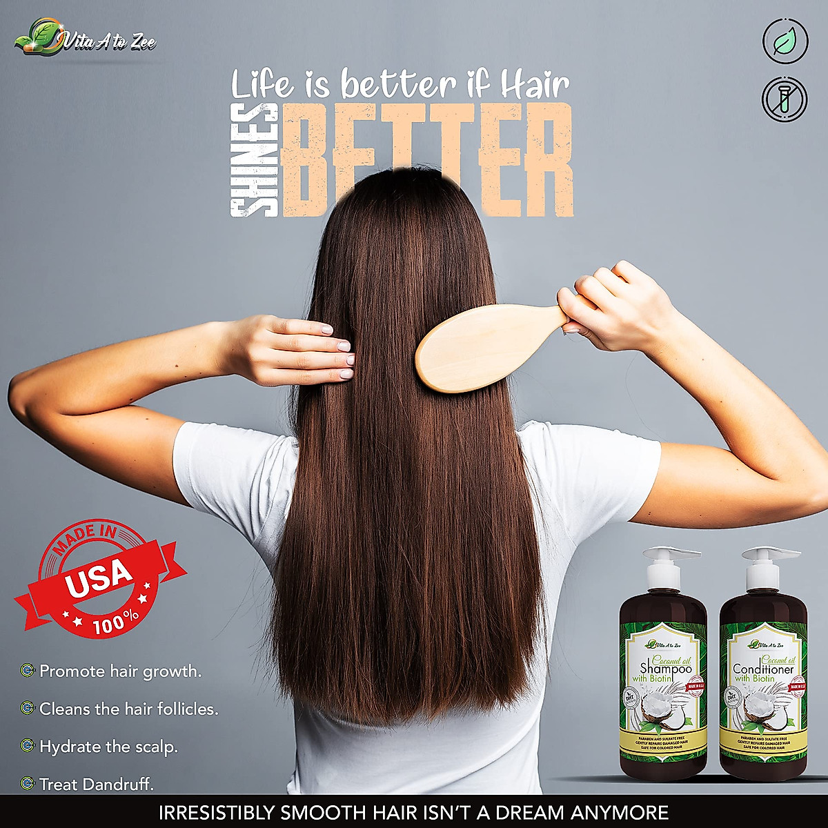 Vita A to Zee Coconut Oil Shampoo & Conditioner with Biotin, Aloe Vera (2 x 16.9 Fl Oz) – Hair Regrowth Shampoo Conditioner for Dry, Frizzy & Coarse Hair - Hydrating & Flyaway Taming Hair & Scalp Care