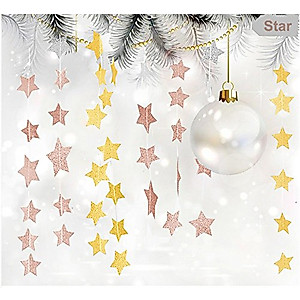 Glitter Pink Champagne Twinkle Star Hanging Garland - Sparkly Paper Five-pointed Bunting Banner String for Birthday Home Decoration, Wedding Photo Booth Props, 2.8", Totally 23 ft/7m