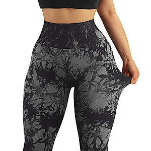 RXRXCOCO Womens Seamless Butt Lifting Leggings High Waisted Yoga Pants Tummy Control Workout Leggings Compression Tights Black Tie Dye Medium