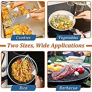 Joyfair Fish Spatulas Set, 2Pcs Metal Slotted Turner with Wooden Handle for Grilling Frying, Stainless Steel BBQ Flipper Spatula for Griddle Flattop, Thin Edge for Easy Turning & Flipping Pancake Meat