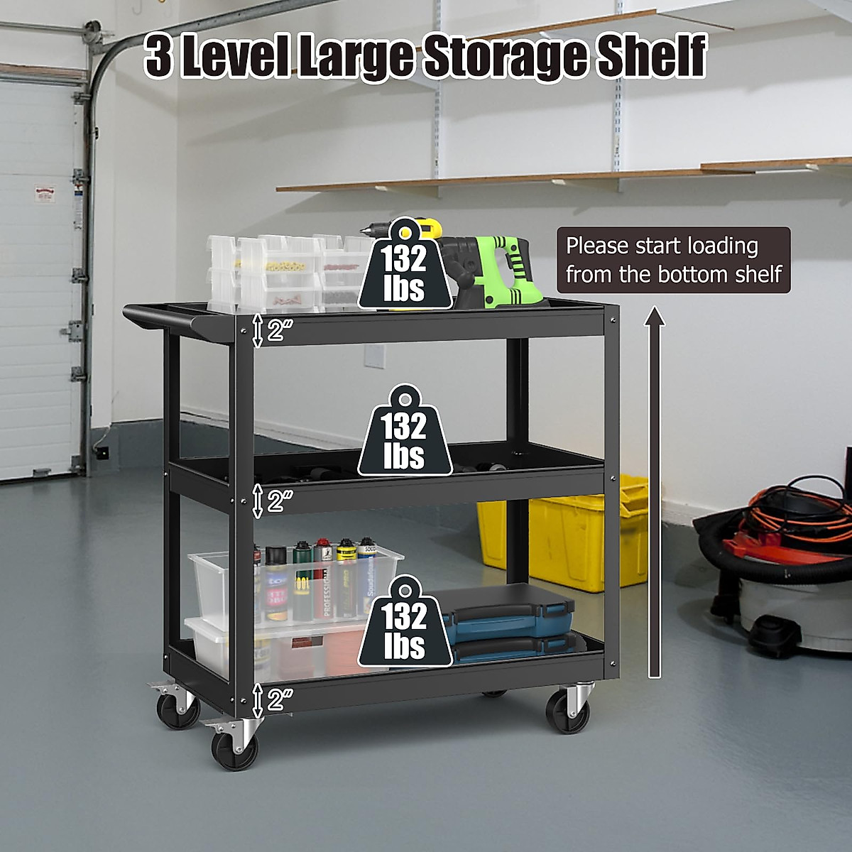 IRONMAX 3-Tier Utility Service Cart, 400 Lbs Heavy Duty Metal Trolley Rolling Cart w/Ergonomic Flat Handle, Lockable 360°Swivel Wheels, Chic Mechanic Tool Cart for Garage Warehouse & Repair Shop