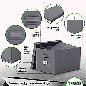 NEATERIZE Storage Bins With Lids and Labels (Set of 4) - Heavy-Duty Empty Fabric Storage Organizers with Removable Lids & Dual Handles. Great For Photos, Toy box, Linen Closet, Clothes (33 QT - Grey)