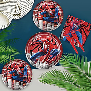 Spider Birthday Decorations, Superhero Spider Party Supplis include Plates Napkins Tablecloth Hanging Swirls Garland for Banner, Kids Birthday Party Supplies