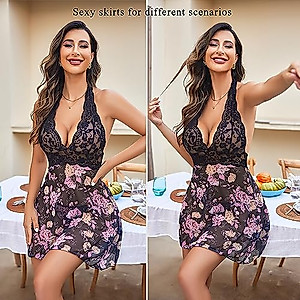 Avidlove Sexy Lingerie for Women Naughty Halter Babydoll Deep V Neck Chemise Sleepwear Short Nightgown