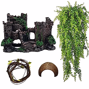 Tfwadmx Resin Classical Castle Reptile Habitat Decorations Lizard Hideouts Cave Coconut Shell Hut Ornament Terrarium Accessories for Chameleon,Gecko,Lizard,Snake and Hermit Crabs