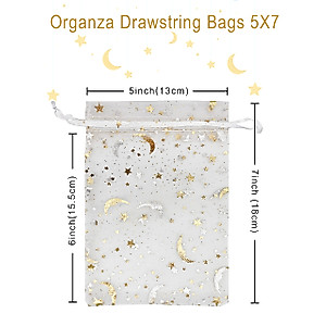 Jexila 100PCS Moon Star Organza Bags 5''X7'' White Mesh Drawstring Jewelry Gift Bags for Baby Shower Wedding Party Favor Candy Bags