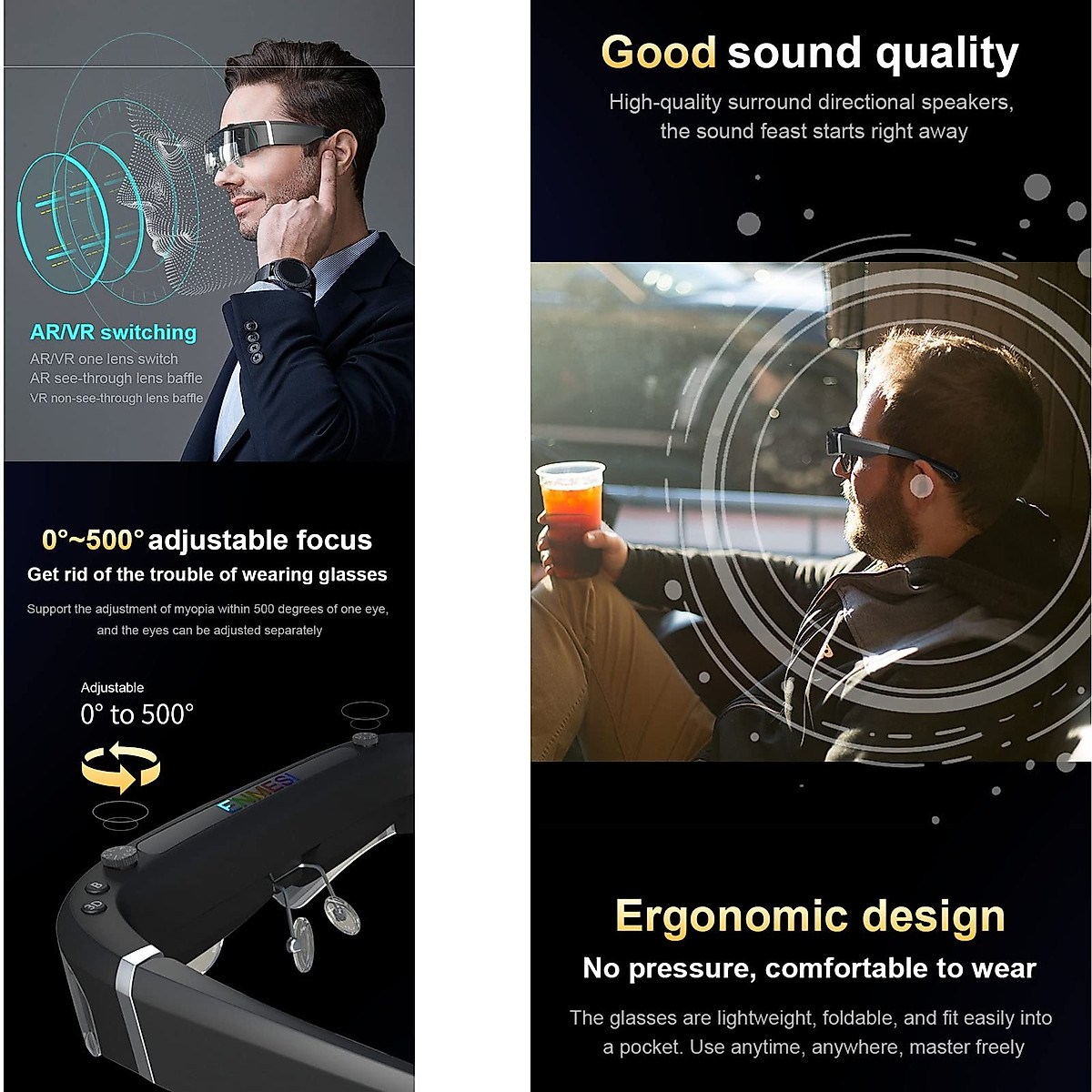 MYPOWR AR Glasses, 3D VR HMD Monitor, 1920x1080x2 HD Display, 4K Display 4496PPI, Hardware 3D Split Screen, Connected to Various Media Sources Directly