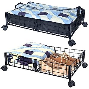Under-Bed Storage with Wheels, 2-in-1 Rolling Carts with Liner Bags Fit 6.5 inch Low Bed Frame, Under-Bed Shoe Storage Organizer for Clothes, Toy, Book, Blanket, Under-Bed Storage Containers, 2 Pack