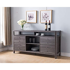 FC Design 60" W Sideboard Buffet Table with Four Drawers and Four Shelves in Distressed Grey Finish
