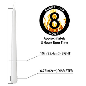 Kedtui Taper Candles 10 inch (H) Dripless, Set of 24 White Unscented and Smokeless Taper Candles Long Burning, Paraffin Wax with Cotton Wicks for Burning 8 Hours Time
