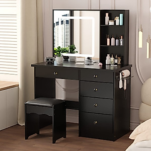 Homsee Vanity Desk Set Makeup Table with Large Sliding Lighted Mirror, Power Strip and Hair Dryer Holder, Dressing Table with Drawers, Storage Shelves & Stool for Bedroom, Black