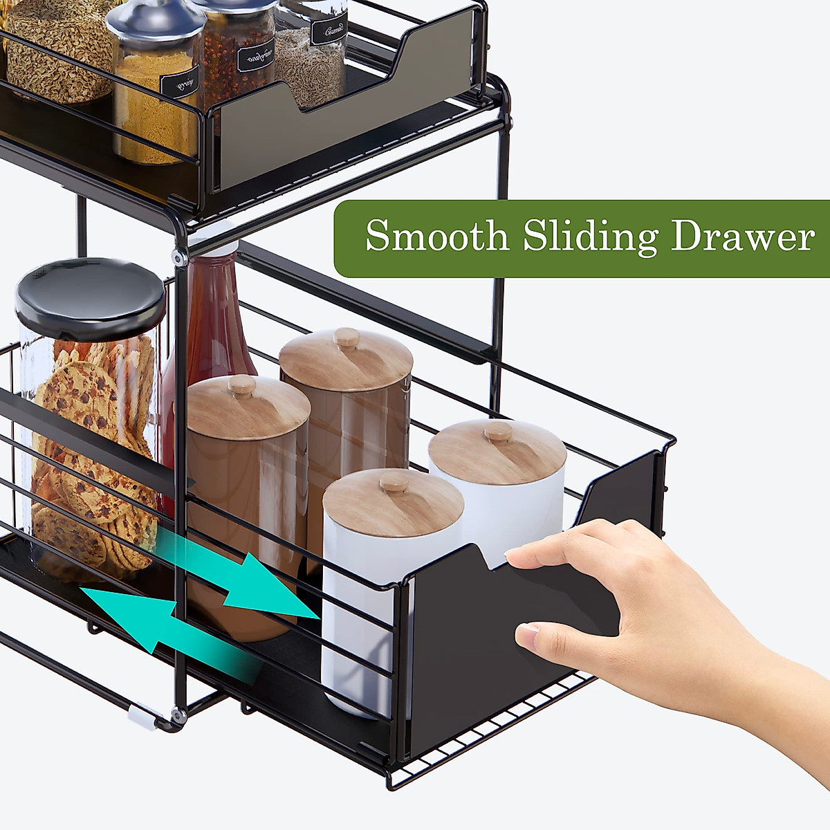 Across-Star Pull Out Under Sink Cabinets Organizer, Stackable 2 Tire Sliding Countertop Organizer, Under Sink Storage Drawer Shelf for Kitchen, Bathroom (Black)