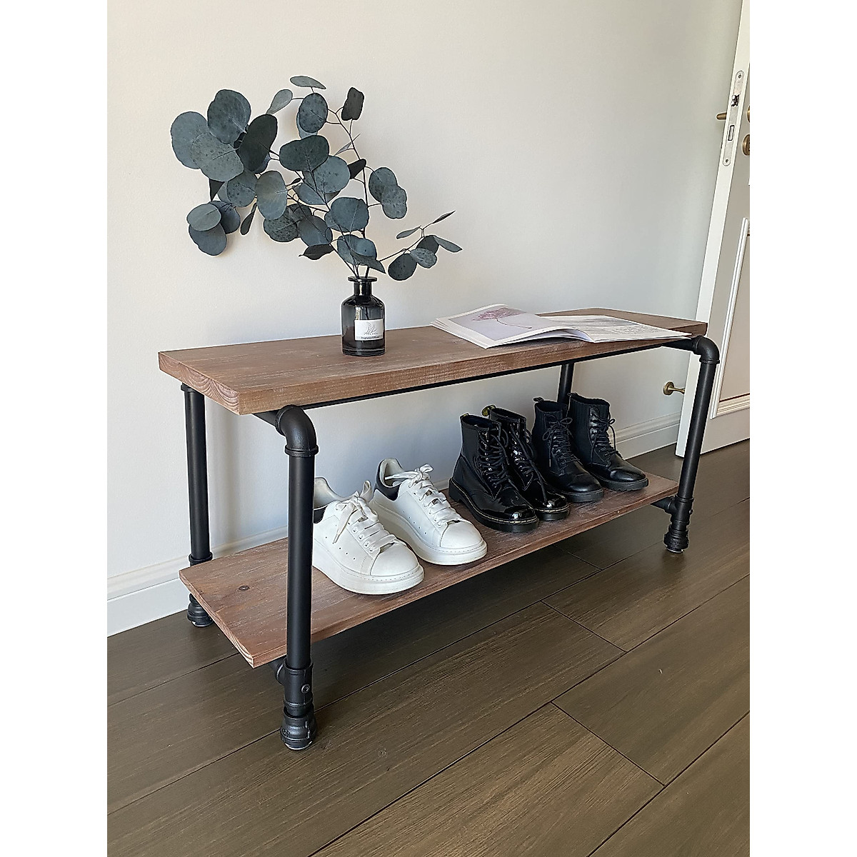 MEYRUOXI Entryway Bench, Shoe Bench with Solid Wood Planks and Industrial Metal Pipes, Shoe Rack Bench Seat for Entryway Hallway Living Room, Indoor Rustic Seat, 41 Inch