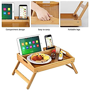 Aodaer 2 Pack Natural Bed Table Tray with Folding Legs Breakfast Food Tray with Phone Tablet Holder Portable Serving Platters Tray with Handles Food Tray for Bed, Kitchen, Eating, Working