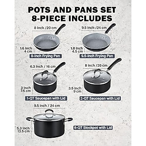 Cook N Home Pots and Pans Nonstick Kitchen Cookware Sets include Saucepan Frying Pan Stockpots 8-Piece, Heavy Gauge, Stay Cool Handle, Marble