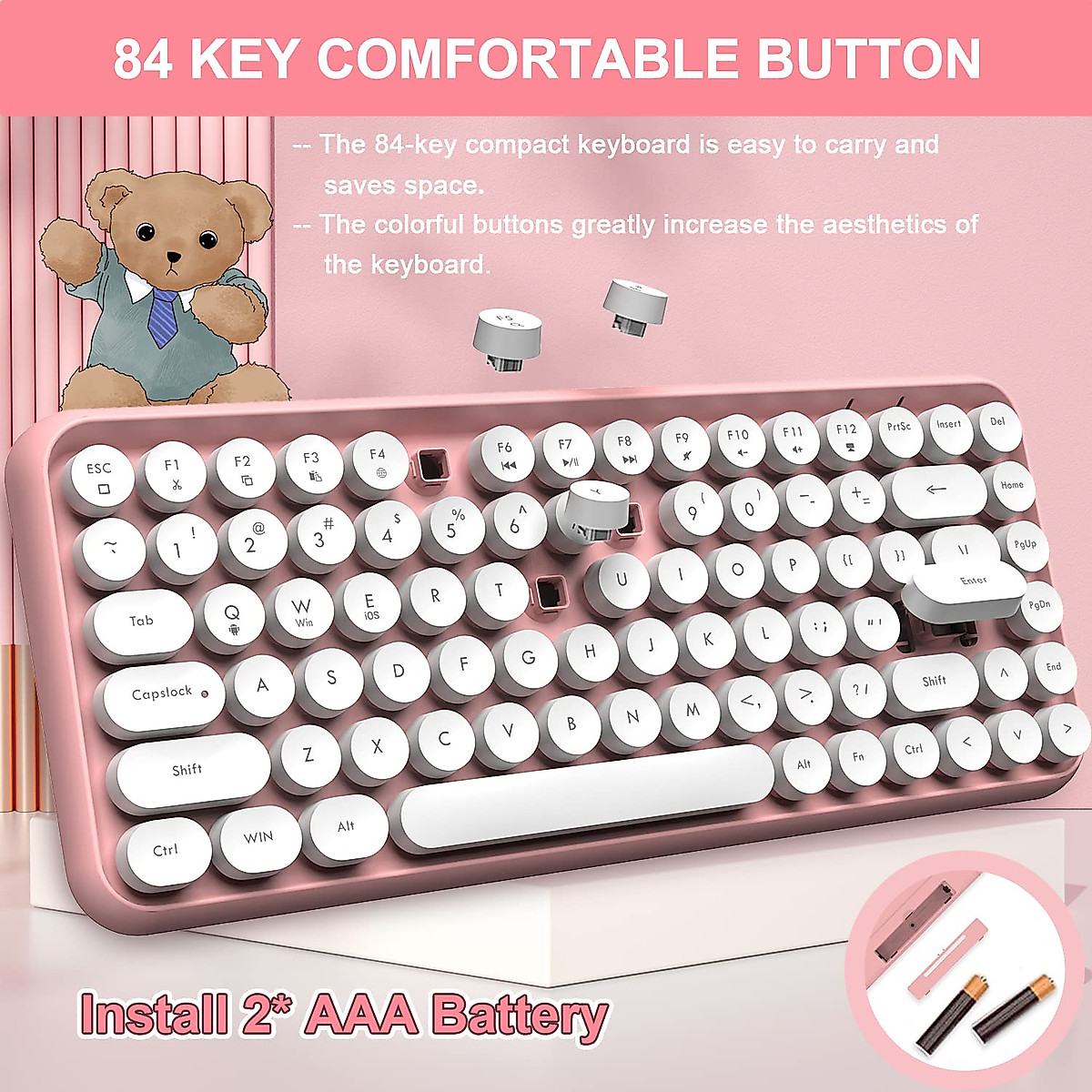 FELICON Wireless Bluetooth Keyboard, Mini Portable 84-Key Typewriter Retro Round Keycaps Keyboard,Compatible with Android, Windows, PC, Tablet-Dark, Perfer for Home and Office Keyboards(Pink)
