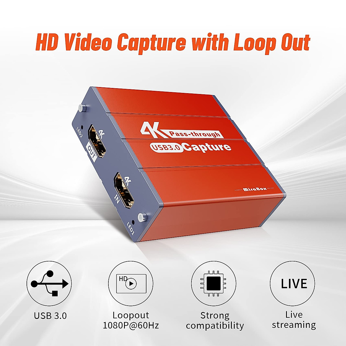 Mirabox USB3.0 4K HDMI Video Capture Card, 1080P 60FPS HD Game Capture Device Cam Link with HDMI Passthrough Work with Xbox PS5 PS4 Switch DSLR for OBS Twitch Live Streaming and Recording (Orange)