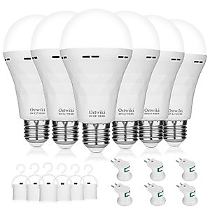 Ostwiki Emergency Rechargeable Light Bulbs,6 Pack Battery Operated Backup Light Bulb for Power Outage Camping Outdoor Hurricane 9W E27 8500K 1200mAh White Equivalent Self-Charging LED Light Bulbs