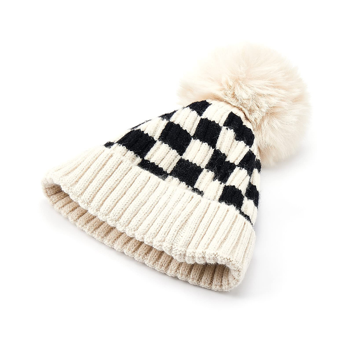 vchoohce Toddler Kids Baby Beanie Hat Knitted Thick Winter Caps Cute Checkerboard Pompom Hats for Girls Boys 1-4 Years Old (Plaid-White,1-4 Years)