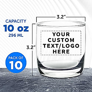 Custom Whiskey Glasses 10 oz Set of 10, Personalized Bulk Pack - Heavy Base Old Fashioned Glass, Perfect for Scotch, Bourbon, Whiskey, Cocktail - Clear