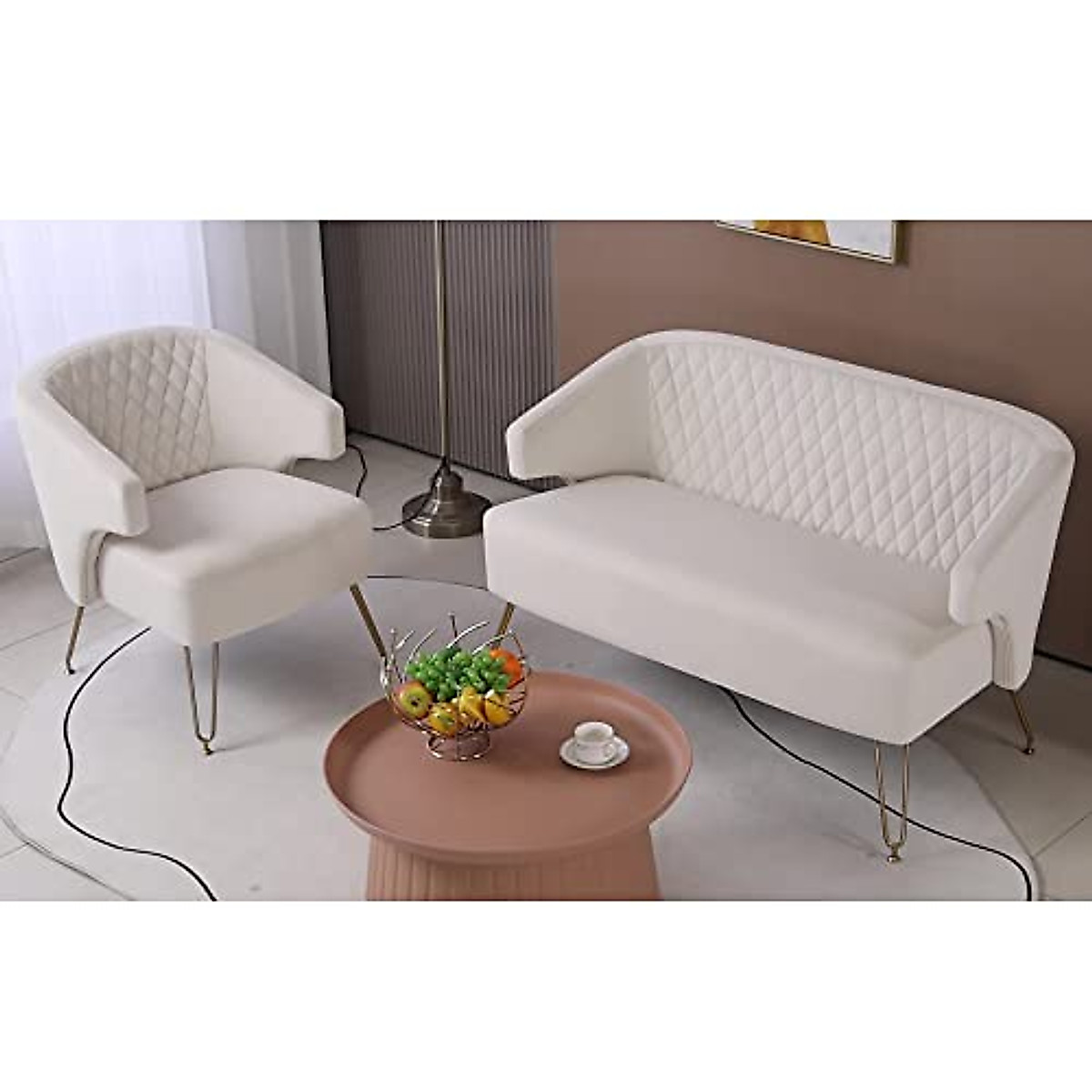 Homtique Velvet Loveseat Modern Tufted Accent Sofa Chair with Metal Golden Legs Upholstered 2 Seaters Couch for Small Spaces Elegant Settee Bench for Living Room, Bedroom, Apartment (White)
