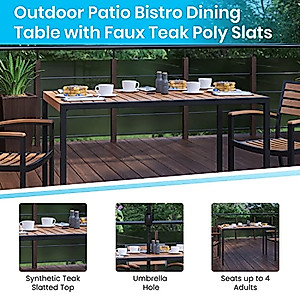 Flash Furniture Lark Outdoor Steel Dining Table with Umbrella Hole - Faux Teak Poly Slatted Top - Commercial Grade Table-Black Frame-30x48 Table Seats up to 4 Adults