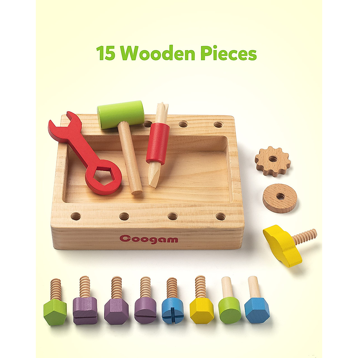 Coogam Wooden Tool Box, Toddler Fine Motor Skill Construction Building STEM Toy Set Nuts and Bolts Screw Driver Toolbox Kit Montessori Educational Gift for Preschool Year Old Kids