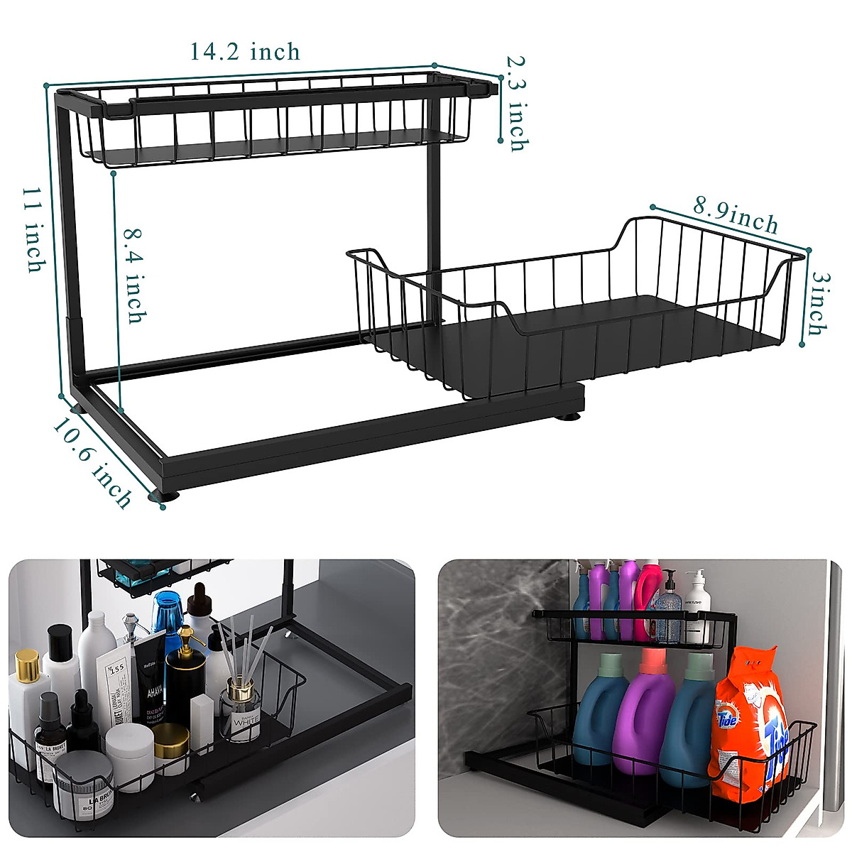 JTWEB Under Sink Organizer: L-Shaped Metal Pull Out, Ideal for Kitchen and Bathroom Sink Organization, Black