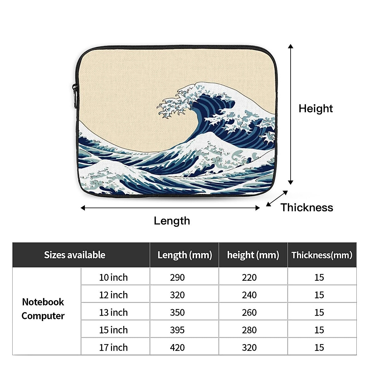 Wave Japanese Motif Japan 13 inch Portable Laptop Sleeve Compatible with MacBook Air Notebook Computer Case for Men Women College School Students