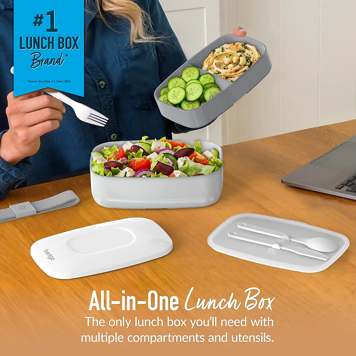 Bentgo Classic - All-in-One Stackable Bento Lunch Box Container - Modern Bento-Style Design Includes 2 Stackable Containers, Built-in Plastic Utensil Set, and Nylon Sealing Strap (Gray)