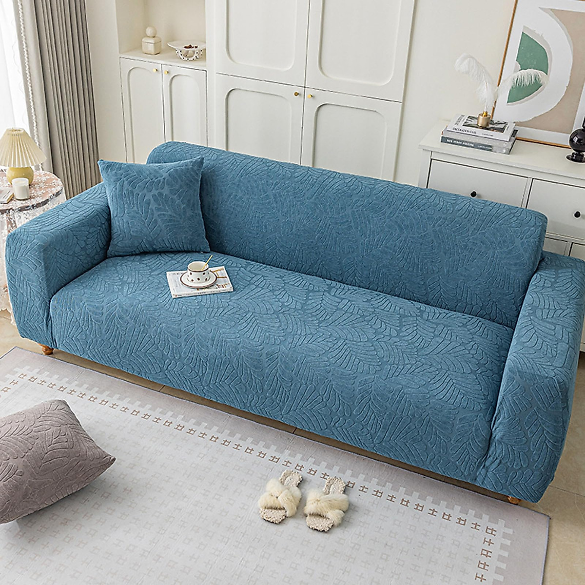 OQHAIR Stretch Jacquard Sofa Cover 3 Seater 1 Piece Willow Couch Cover for 3 Cushion Couch for Living Room Pets Furniture Protector Sofa Covers -Blue-4 Seater