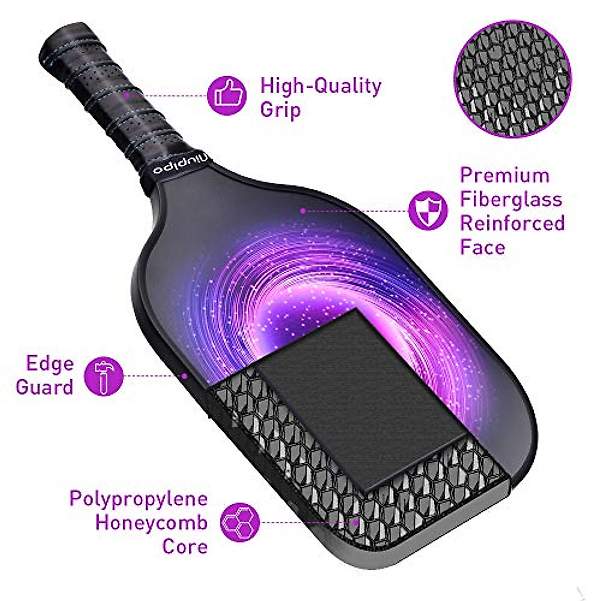 niupipo Pickleball Paddle, USAPA Approved Pickleball Paddle with Fiberglass Surface, Protective Cover, Ultra Cushion, Polypropylene Honeycomb Core, 4.5-Inch Grip, 8.2 Ounces, Purple