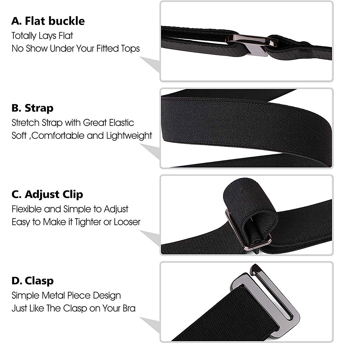 JASGOOD 4 Pack Invisible Women Stretch Belt No Show Elastic Web Strap Belt with Flat Buckle for Jeans Pants Dresses