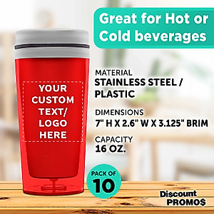 Custom Insulated Double Wall Travel Tumbler with Lid 16 oz. Set of 10, Personalized Bulk Pack - Perfect for Iced Coffee, Soda, Other Hot & Cold Beverages - Red