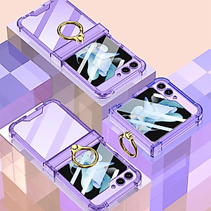 PUROOM for Samsung Galaxy Z Flip 5 Case Hinge Protection Luxury Soft Transparent with Ring Holder Built-in Screen Protector All-Inclusive Shockproof Case (Purple)