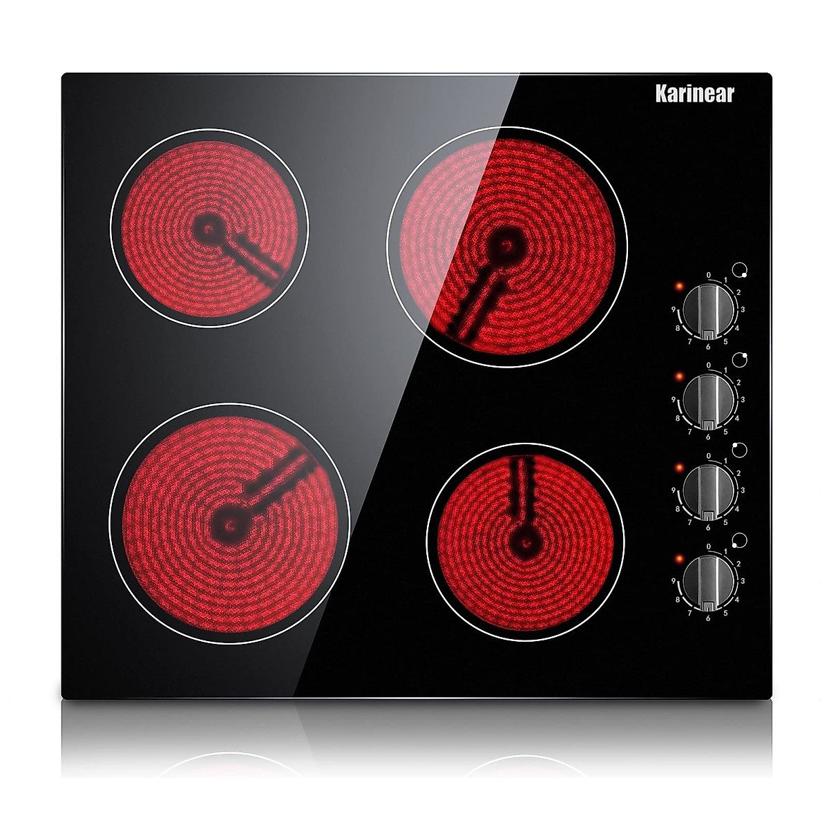 Karinear 4 Burner Electric Cooktop 24 Inch, Built-in Electric Stove Top, 220-240v Electric Radiant Cooktop with Knob Control, Residual Heat Indicator, Over-Temperature Protection, Hard Wire(No Plug)