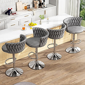 Lamerge Velvet Bar Stools Set of 4,Modern Swivel Bar Chairs Counter Height Barstool,Adjustable Barstools with High Backrest,Upholstered Kitchen Island Chairs,Grey