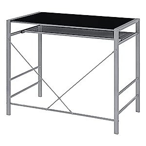 OSP Home Furnishings Zephyr Computer Desk with Keyboard Shelf and Tempered Glass Top, Black Glass and Silver Frame