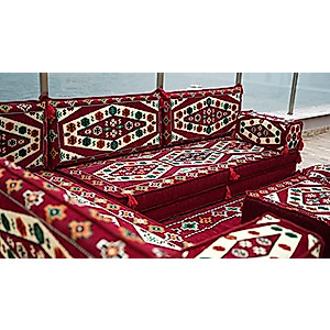 Maroon Floor Cushions, L Shaped Arabic Seating Sofas, Balcony Terrace Sofas, Washable Cushion Covers, Traditional Floor Couch, Arabic Majlis, Futon Sofa Bed (L Sofa Full Set)