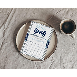 Bow Tie Baby Shower Invitations with Envelopes (15 Pack) Blank Invites for Boys Parties - Little Man Theme Blue and Grey – Blank Invite to Handwrite Custom Details - 4x6 Printed Card Set