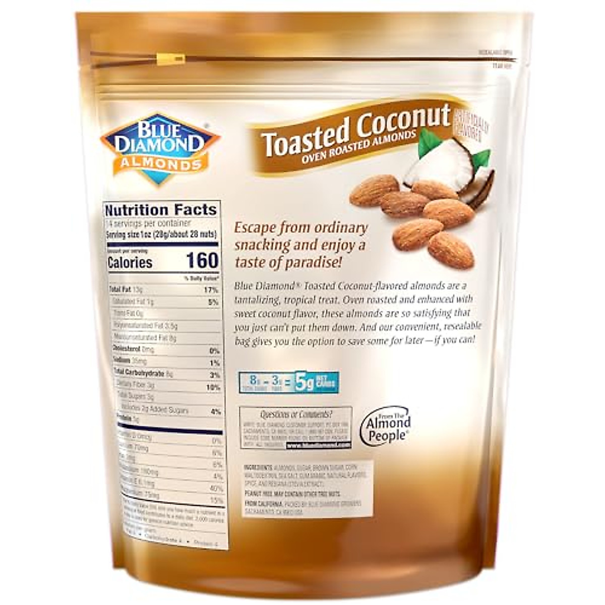 Blue Diamond Almonds Toasted Coconut Flavored Snack Nuts, 14 Oz Resealable Bag (Pack of 1)