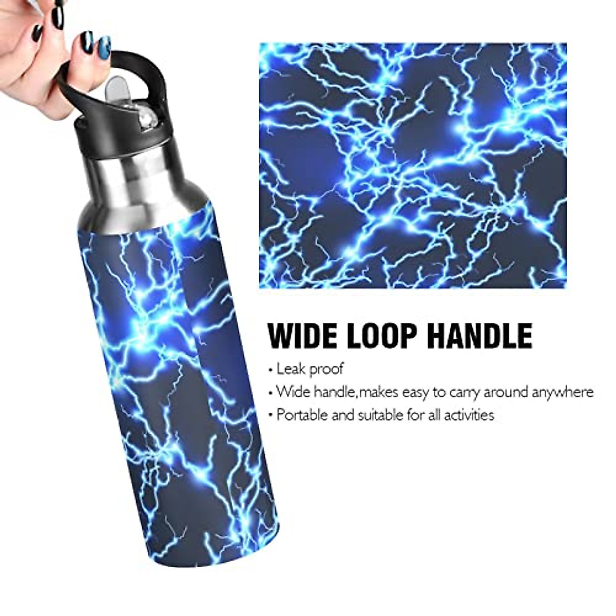 Kigai Blue Lightning Stainless Steel Sports Water Bottle BPA-Free Vacuum Insulated Leakproof Wide Mouth Flask with Straw Lid Keeps Liquids Cold or Hot for Gym Travel Camping