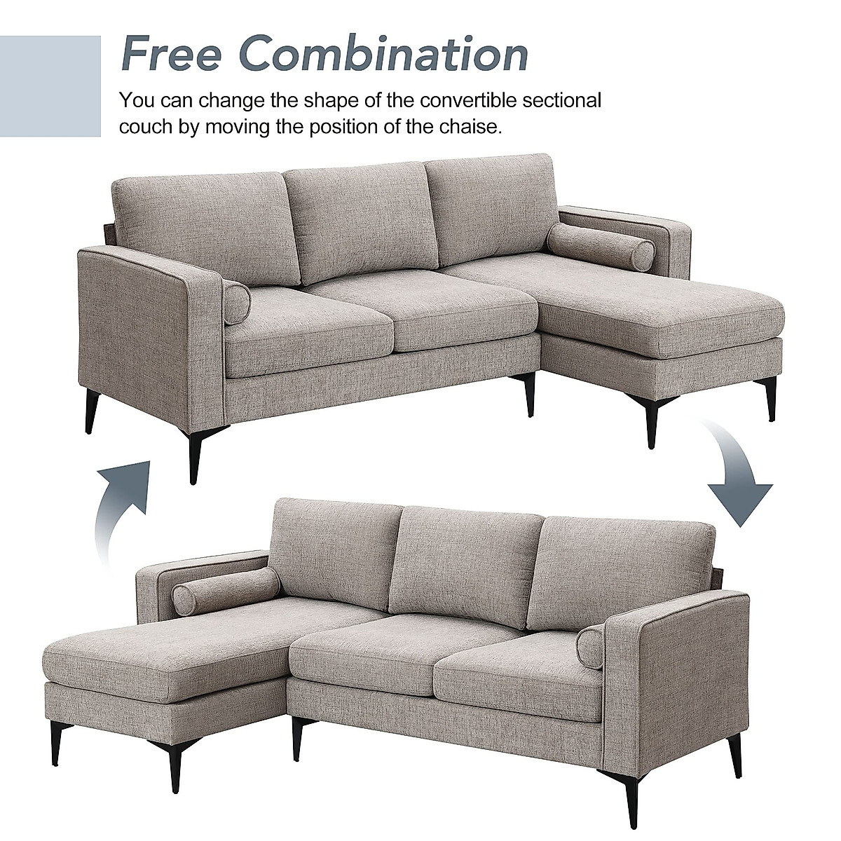 kevinplus 86'' Convertible Sectional Sofa Couch with Reversible Chaise Lounge for Living Room, Modern L-Shape 3-Seat Sofa Couch with Metal Legs for Apartment Office, Chenille Fabric, Camel