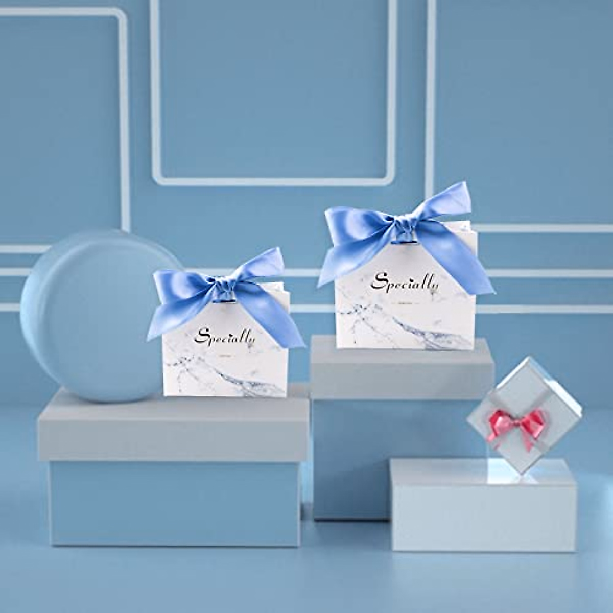 BadenBach 24 Pack Small Thank You Gift Bags with Bow Ribbon,Party Favor Bag Candy Gift Treat Box Wedding Baby Shower Smalll Business Party Supplies(4.5" x 1.8" x 3.9") (Marble Blue)